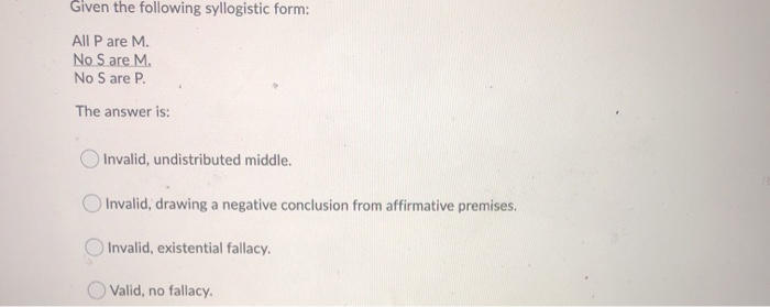 Solved Given the following syllogistic form: All Pare M. No | Chegg.com