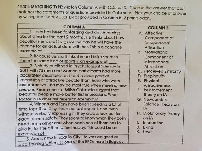 Solved PARTI: MATCHING TYPC: Match Column A with Column 3. | Chegg.com