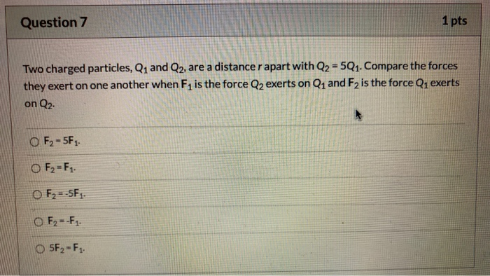 Solved Question 7 1 pts Two charged particles, Q1 and Q2, | Chegg.com