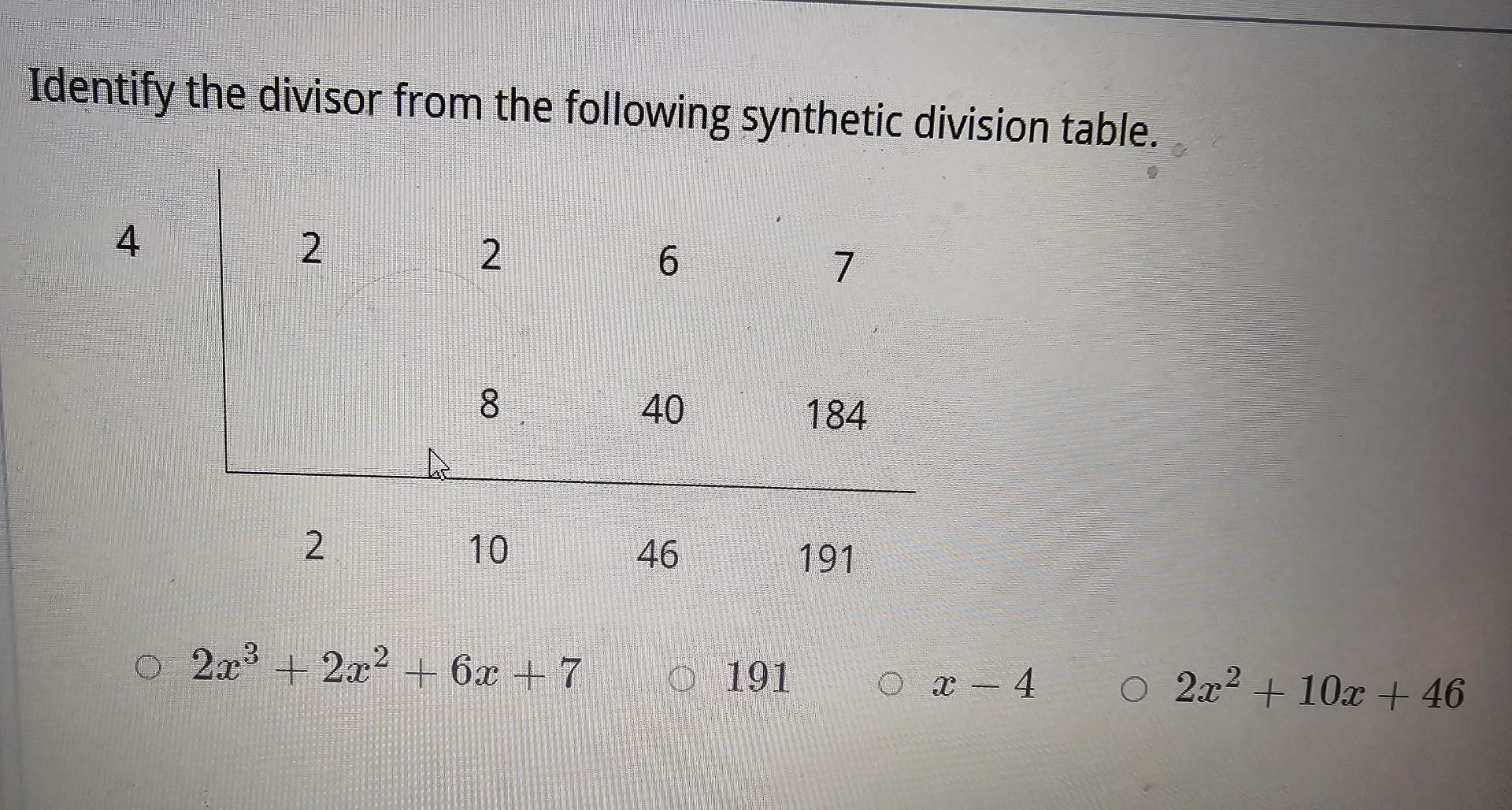 Solved Identify the divisor from the following synthetic | Chegg.com