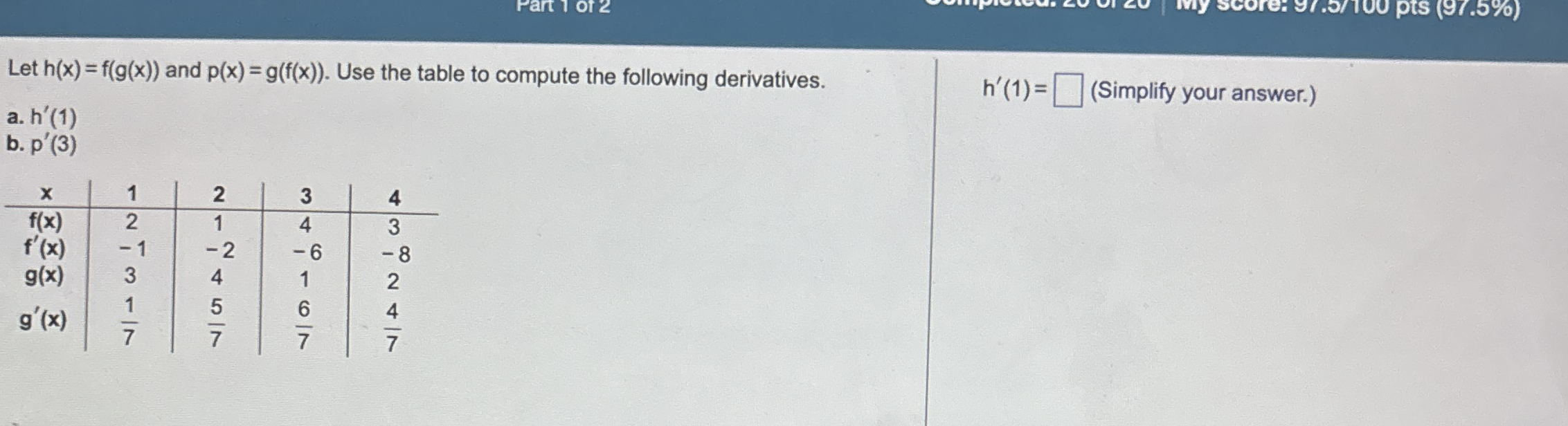 Solved Let h(x)=f(g(x)) ﻿and p(x)=g(f(x)). ﻿Use the table to | Chegg.com