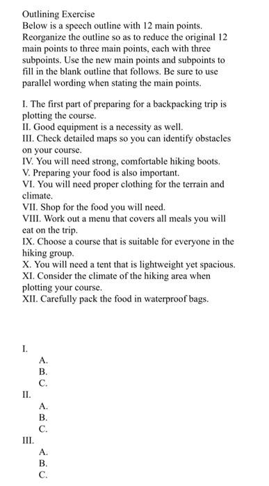 Solved Outlining Exercise Below is a speech outline with 12 | Chegg.com