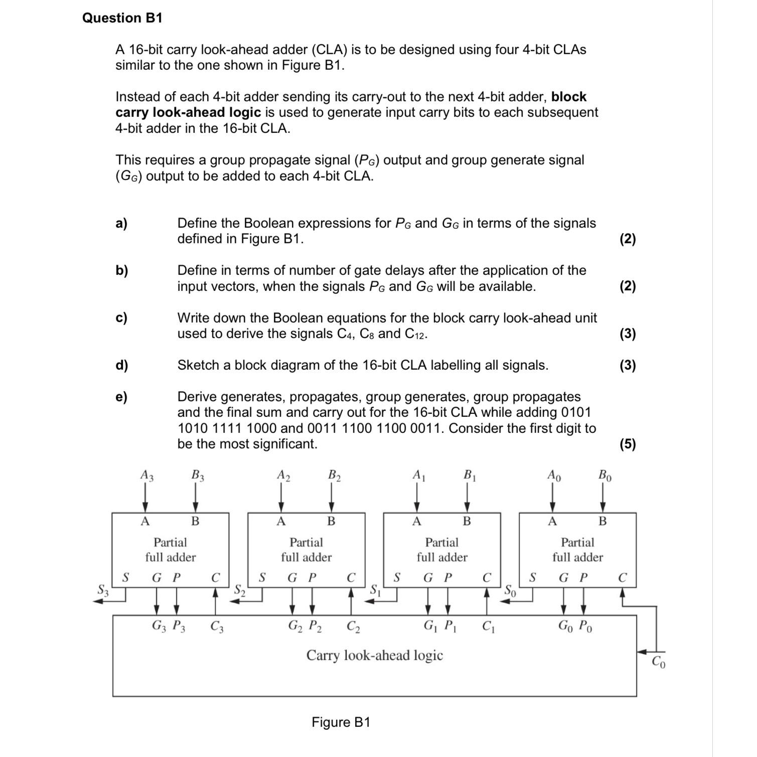 Solved Question B1A 16-bit carry look-ahead adder (CLA) ﻿is | Chegg.com