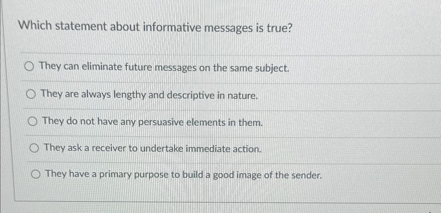 Solved Which statement about informative messages is | Chegg.com
