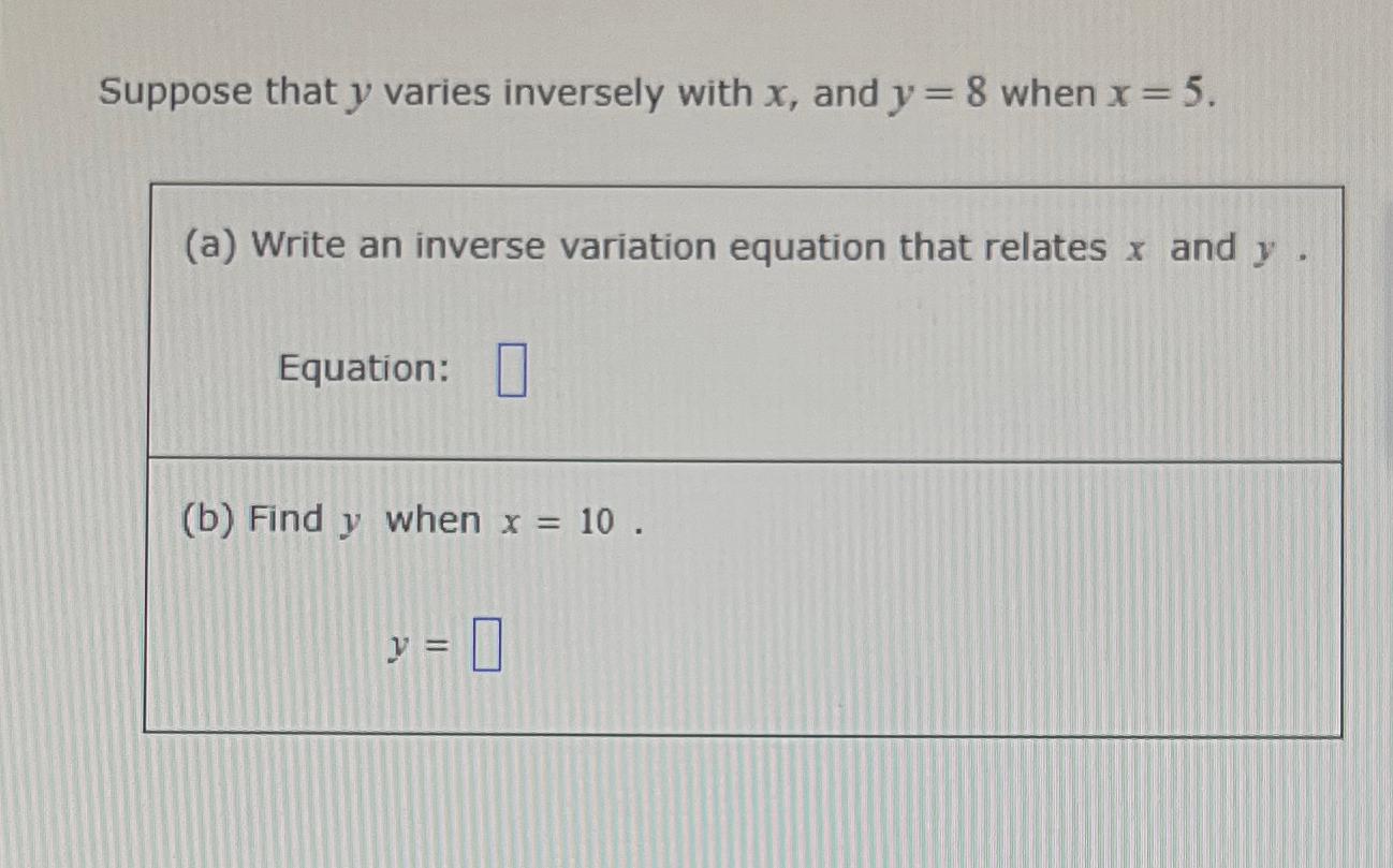Solved Suppose that y ﻿varies inversely with x, ﻿and y=8 | Chegg.com