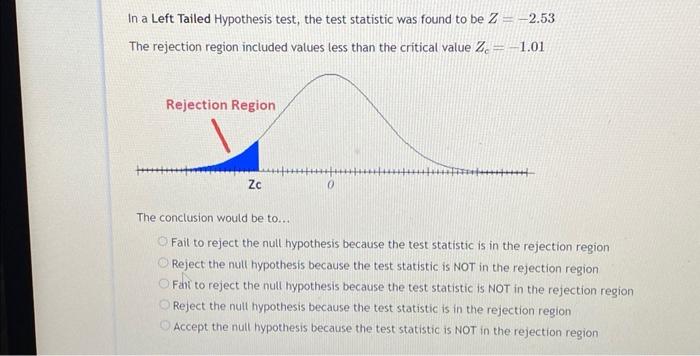 Solved In a Left Tailed Hypothesis test, the test statistic | Chegg.com