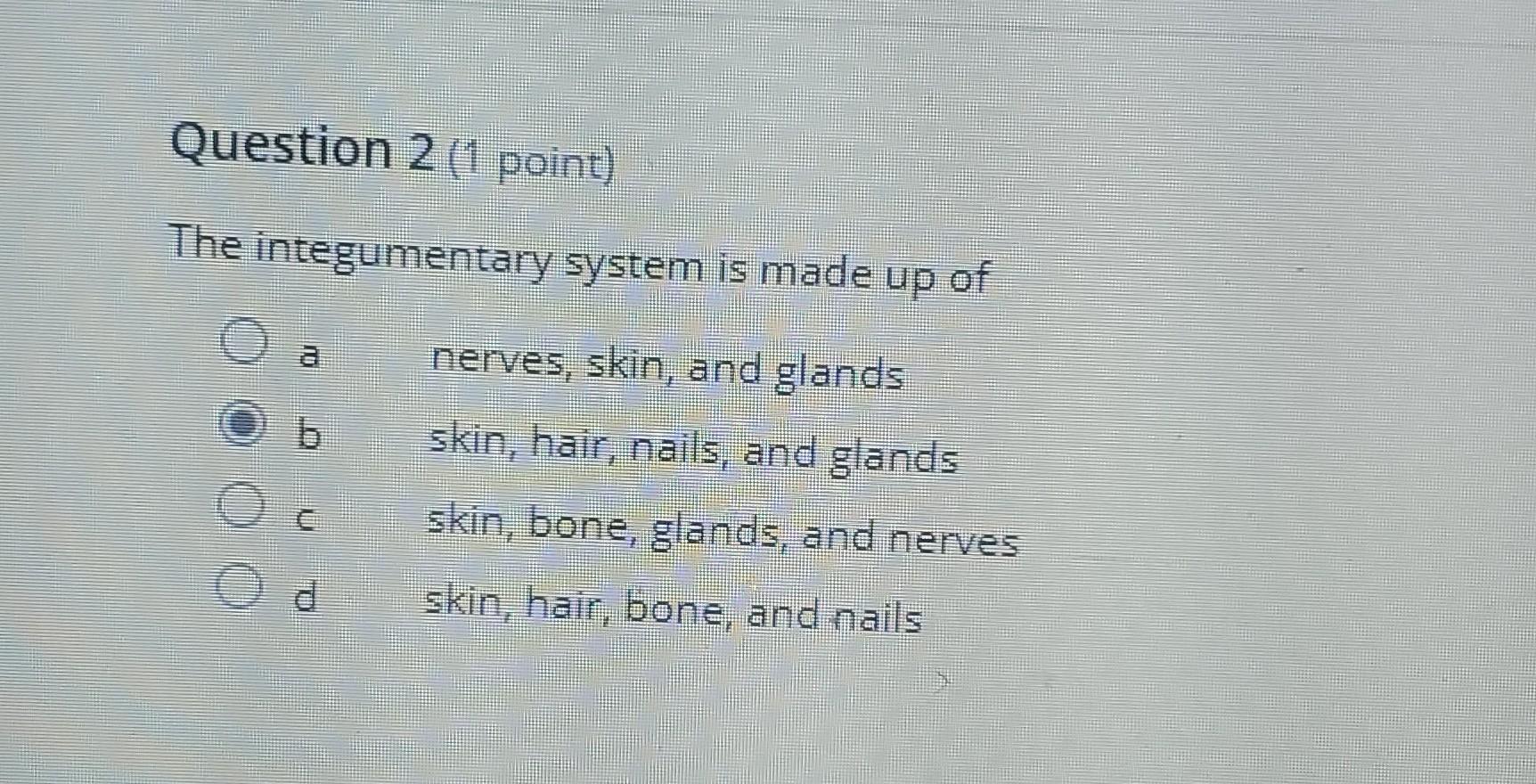 Solved Question 2 (1 point) The integumentary system is made | Chegg.com