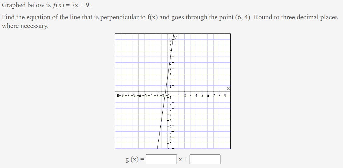 Solved Graphed below is f(x)=7x+9.Find the equation of the | Chegg.com