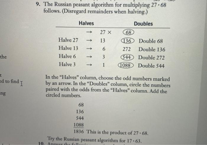 Solved 9. The Russian peasant algorithm for multiplying | Chegg.com