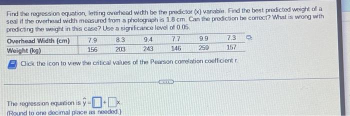 Solved Find the regression equation, letting overhead width | Chegg.com
