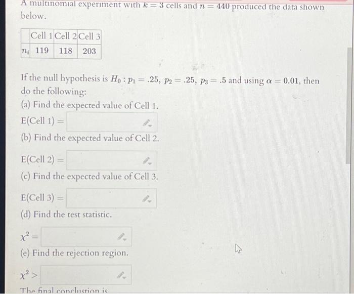 Solved A multinomial experiment with k=3 cells and n=440 | Chegg.com