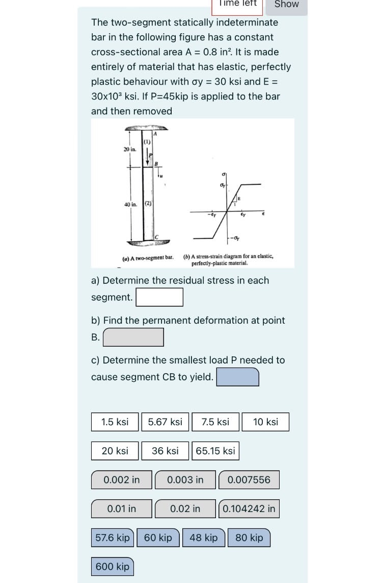 Solved 1ime leftShowThe two-segment statically indeterminate | Chegg.com