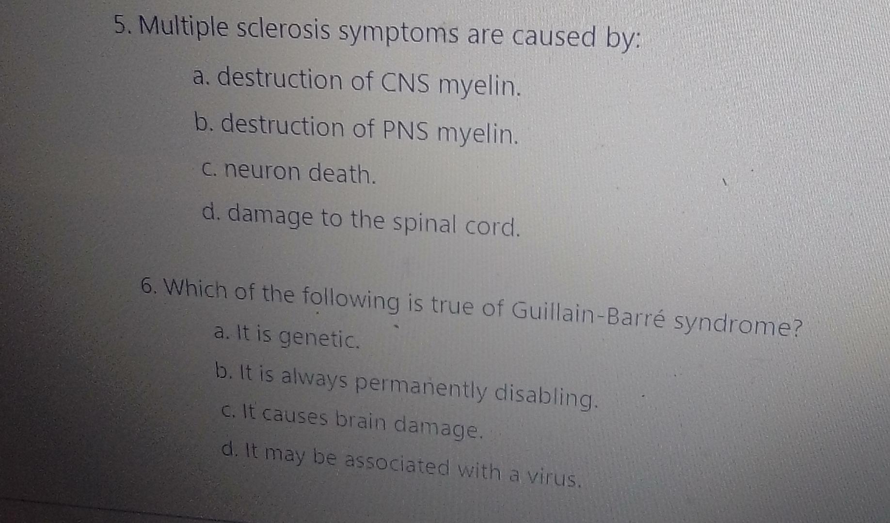 Solved Multiple sclerosis symptoms are caused by:a. | Chegg.com