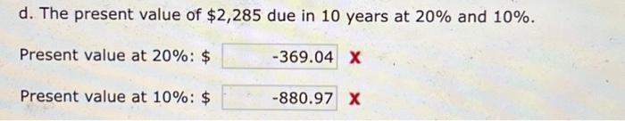 Solved d. The present value of $2,285 due in 10 years at 20% | Chegg.com