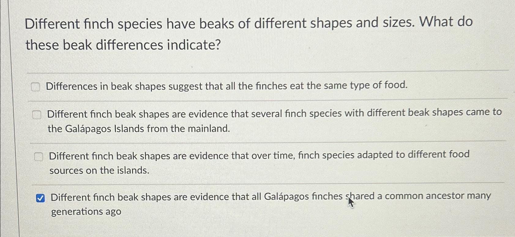 Solved Different finch species have beaks of different | Chegg.com
