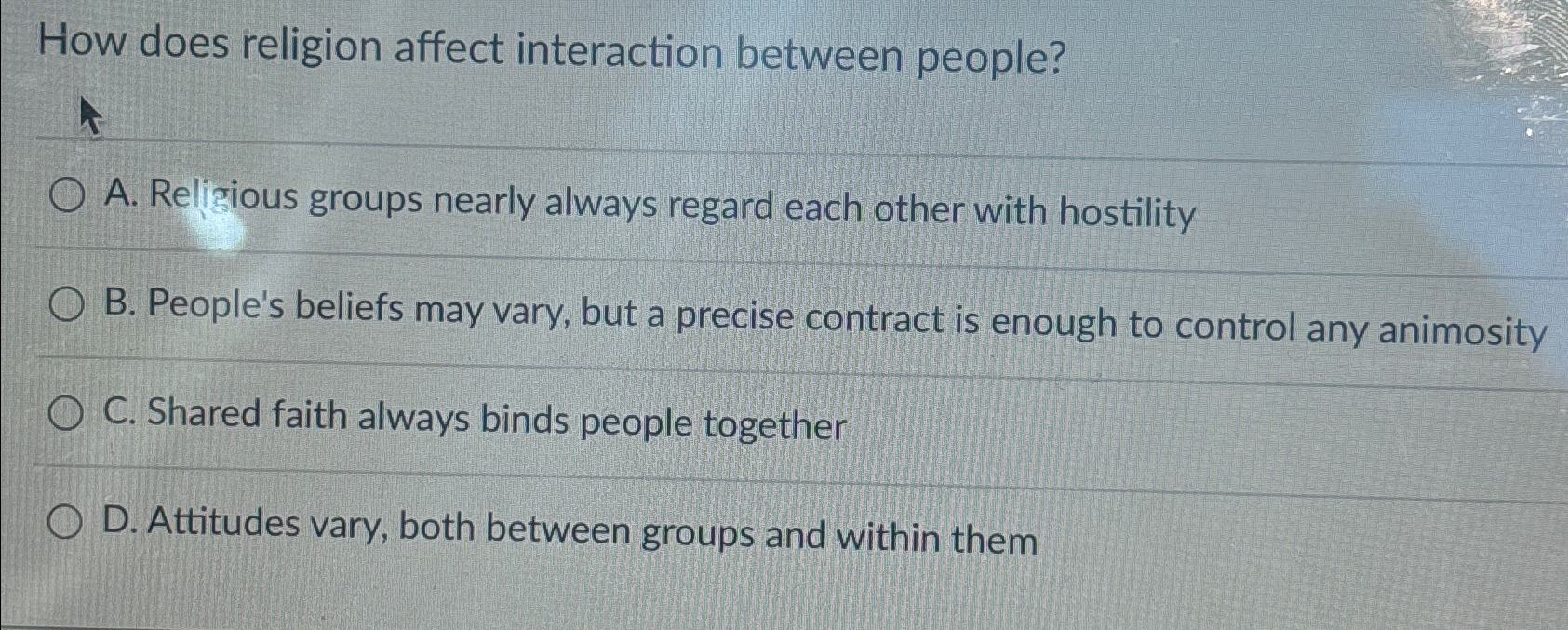 Solved How does religion affect interaction between | Chegg.com