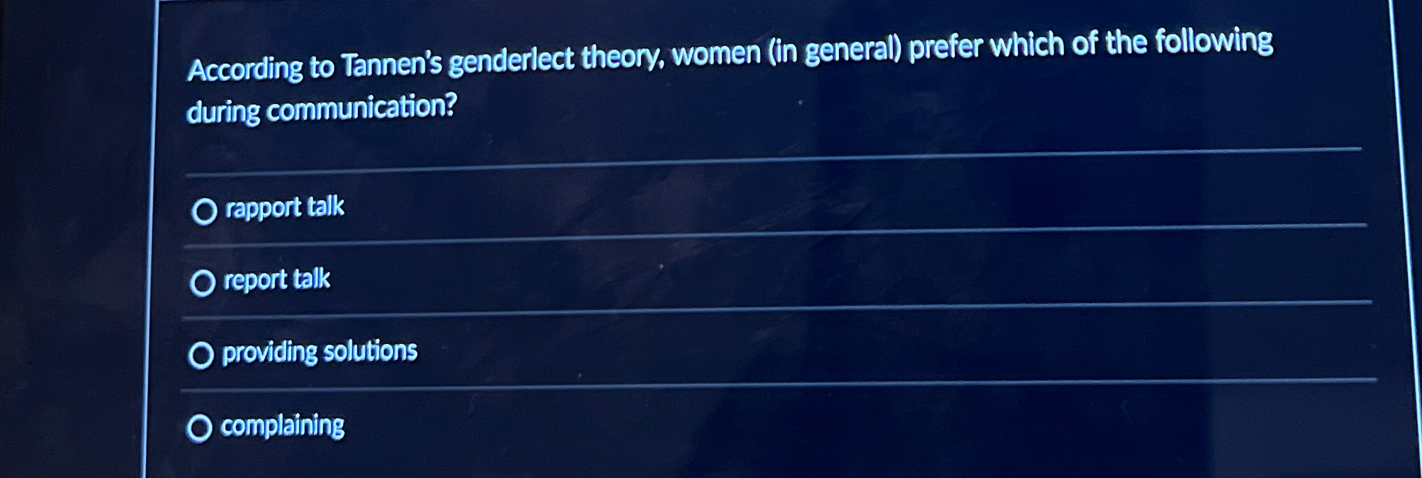 Solved According to Tannen's genderlect theory, women (in | Chegg.com