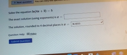 Solved Solve the equation ln(4x+2)=5 ﻿The exact solution | Chegg.com