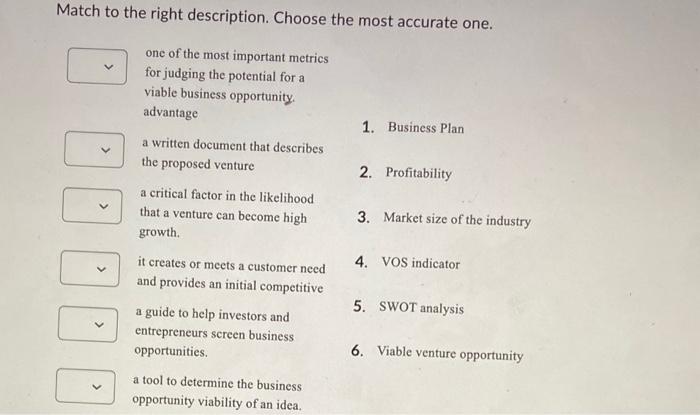 Solved Match to the right description. Choose the most | Chegg.com