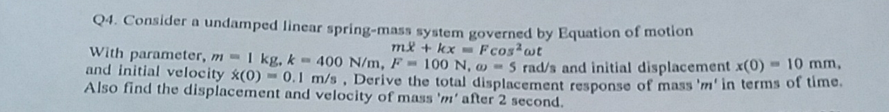 Solved Q4 ﻿consider A Undamped Linear Spring Mass System