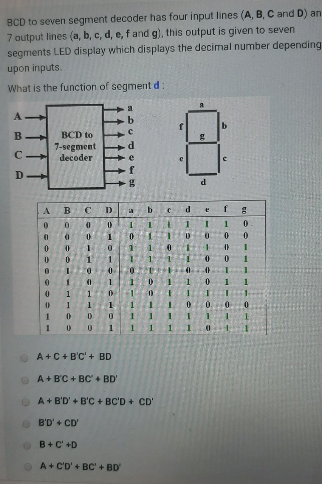 Solved BCD to seven segment decoder has four input lines (A, | Chegg.com