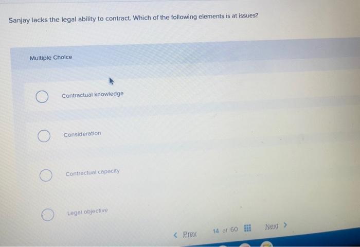 Solved Sanjay lacks the legal ability to contract. Which of | Chegg.com