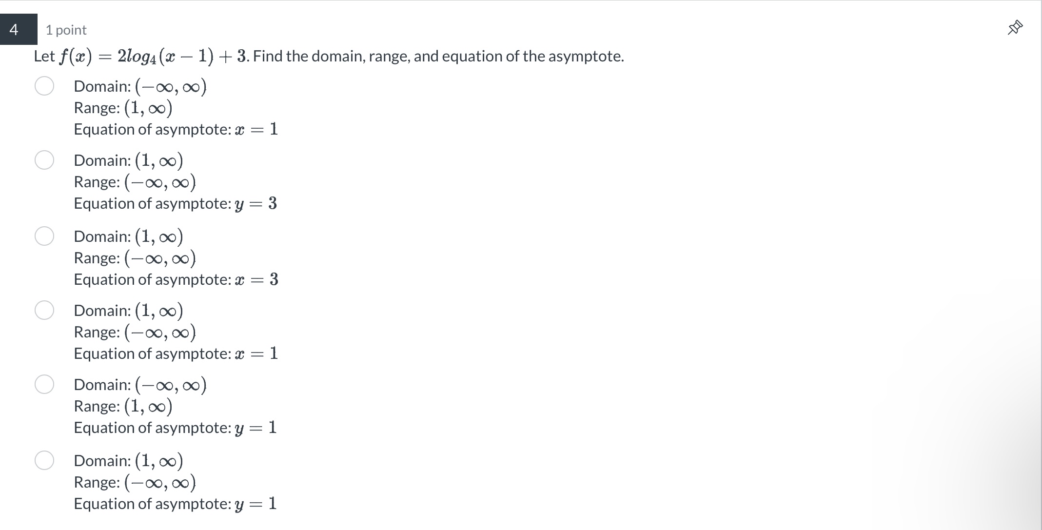 Solved 41 ﻿pointLet f(x)=2log4(x-1)+3. ﻿Find the domain, | Chegg.com