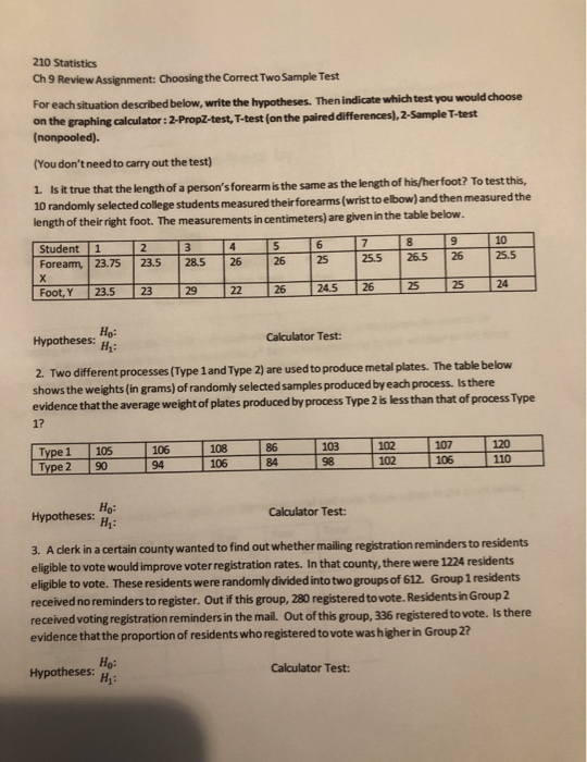 Solved 210 Statistics Ch 9 Review Assignment: Choosing the | Chegg.com