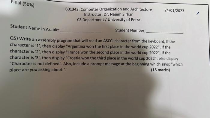 Solved Q5) Write an assembly program that will read an ASCCI | Chegg.com