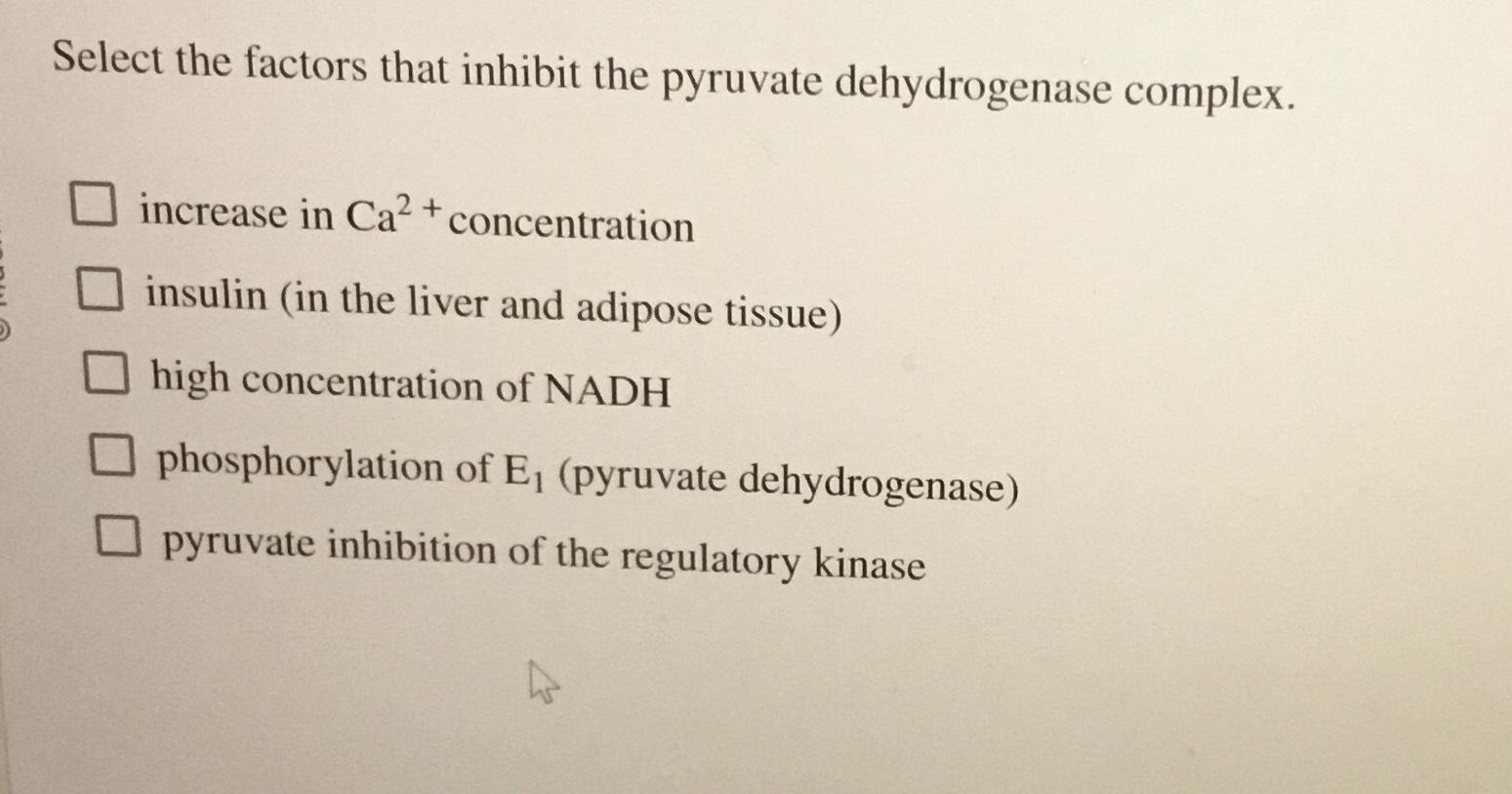 Solved Select the factors that inhibit the pyruvate | Chegg.com