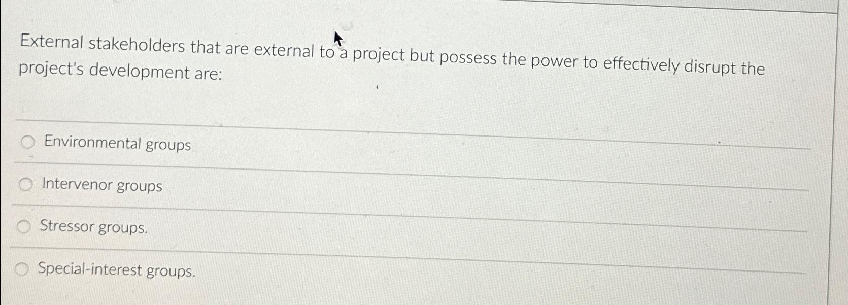 Solved External stakeholders that are external to a project | Chegg.com