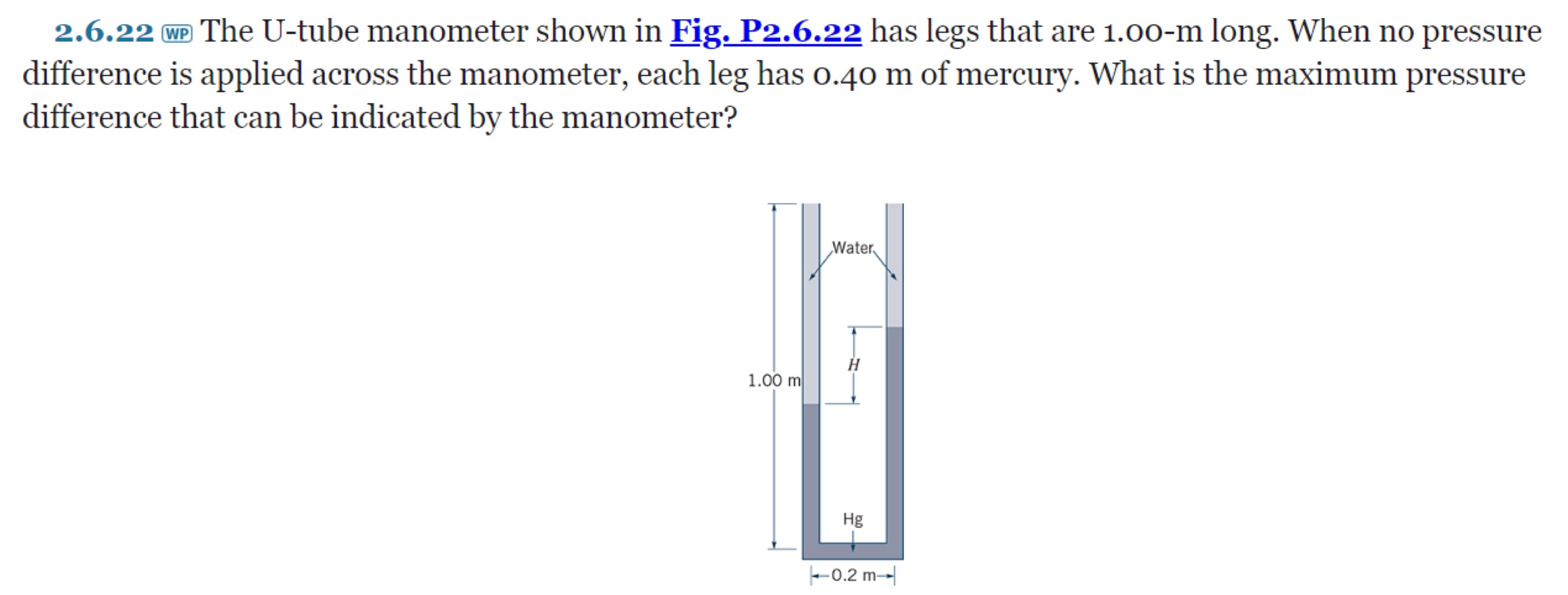 Solved 2.6.22 ﻿WP The U-tube manometer shown in Fig. P2.6.22 | Chegg.com