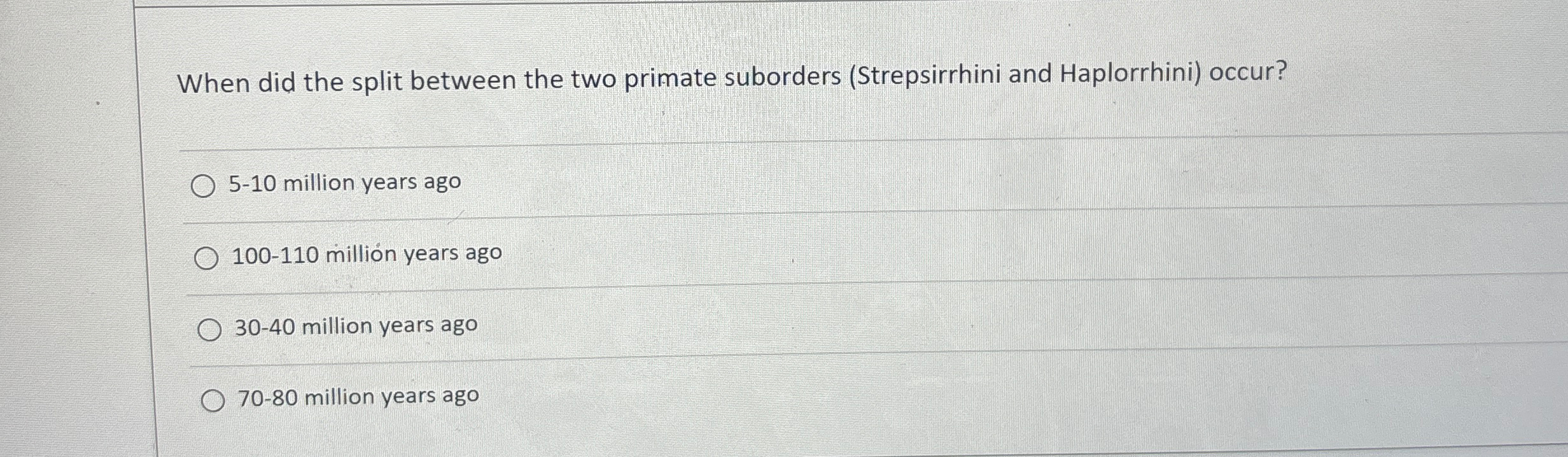 Solved When did the split between the two primate suborders | Chegg.com