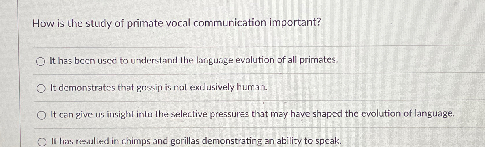 Solved How is the study of primate vocal communication | Chegg.com