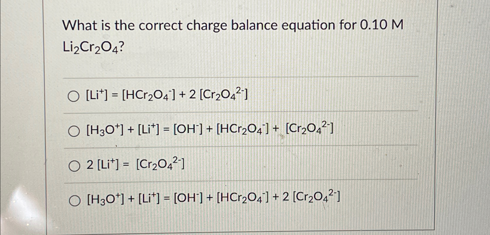 Solved What is the correct charge balance equation for | Chegg.com
