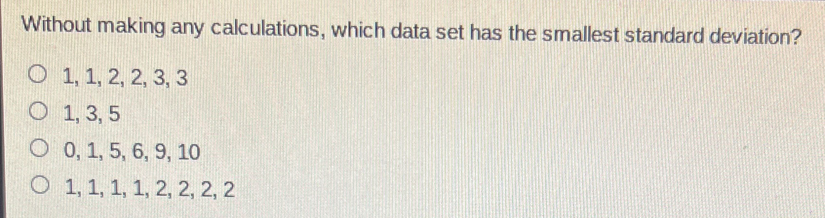 Solved Without making any calculations, which data set has | Chegg.com