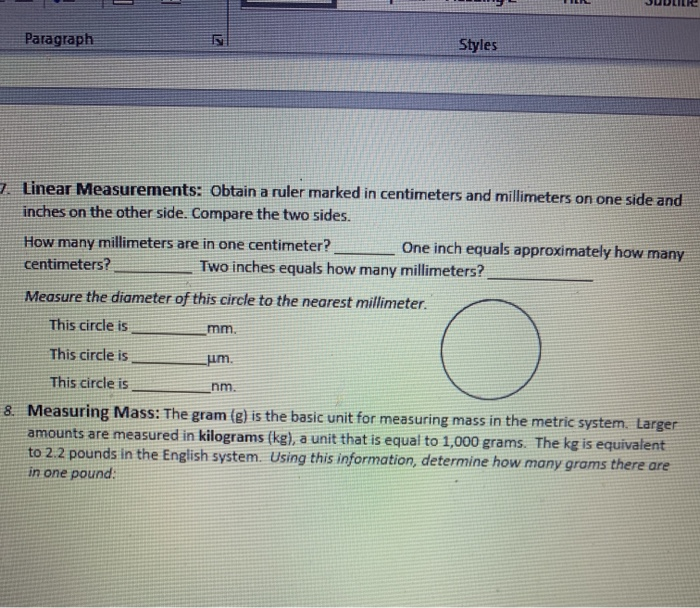 Solved Paragraph Styles 7. Linear Measurements: Obtain a | Chegg.com