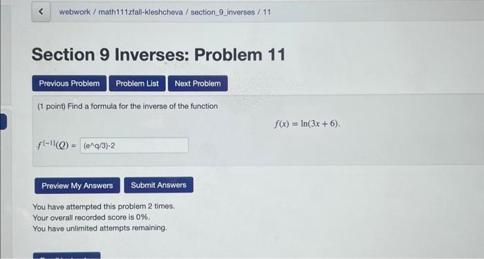 Solved Section 9 Inverses: Problem 11 (1 point) Find a | Chegg.com