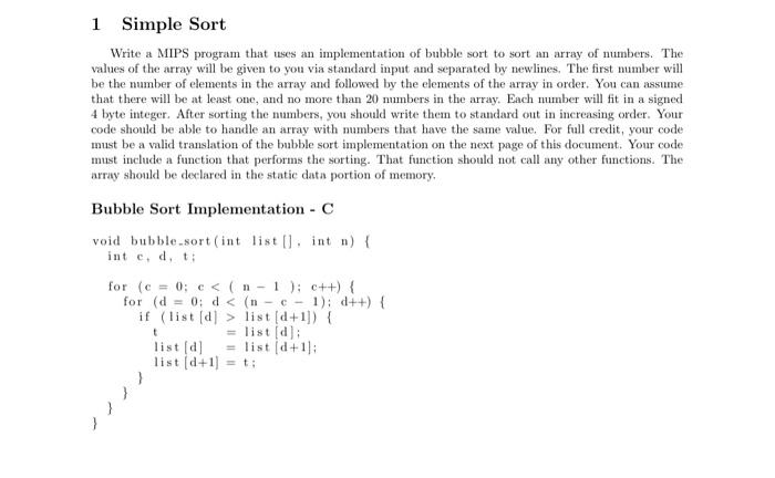 Solved 1 Simple Sort Write A Mips Program That Uses An 2082