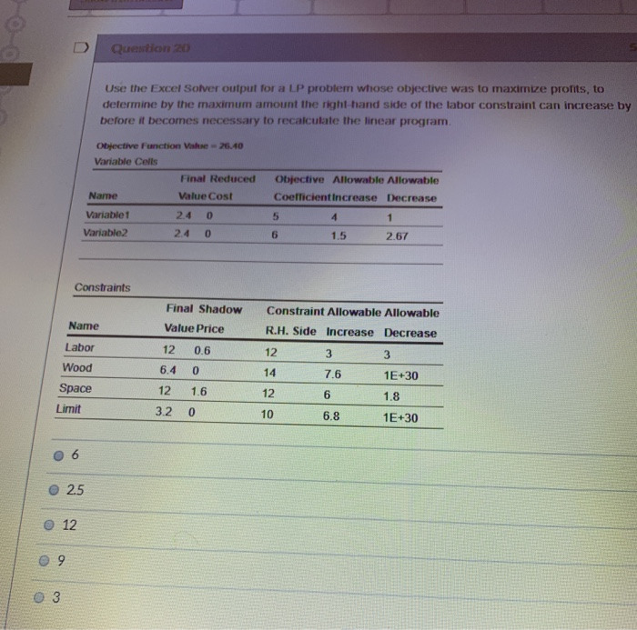 Solved Question 20 Use The Excel Solver Output For A Lp