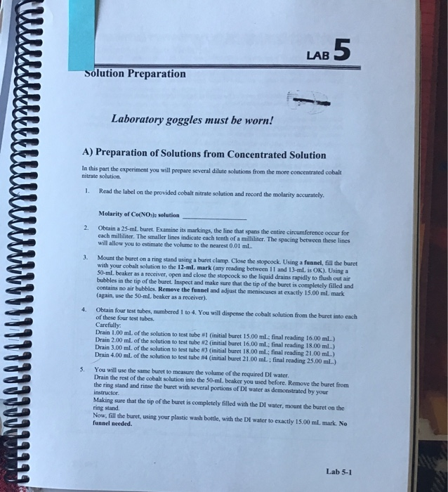LAB 5 Solution Preparation Laboratory goggles must be | Chegg.com