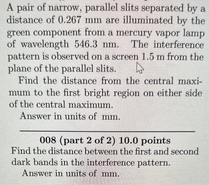 Solved A pair of narrow, parallel slits separated by a | Chegg.com