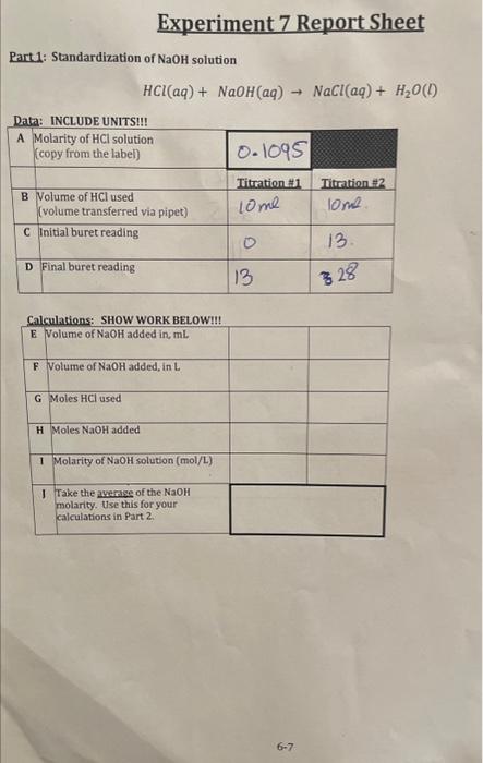 Solved Experiment 7 Report Sheet Part1: Standardization of | Chegg.com