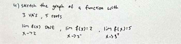 Solved 4) sketch the graph of a function with 3 VA'S, 5 | Chegg.com