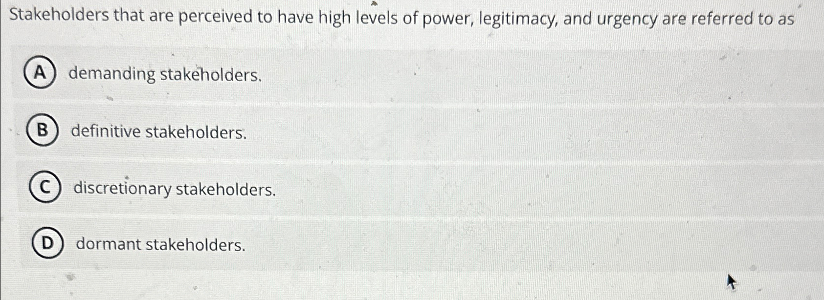 Solved Stakeholders that are perceived to have high levels | Chegg.com