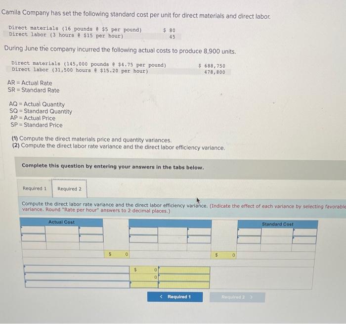 Solved Camila Company has set the following standard cost | Chegg.com