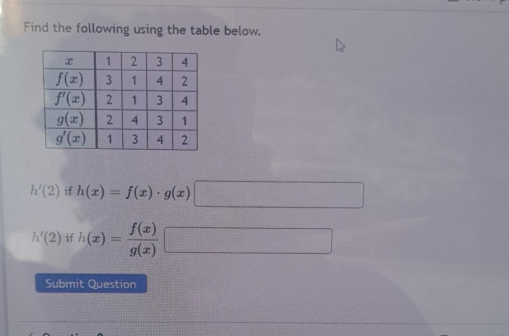 Solved Find the following using the table below. h′(2) if | Chegg.com