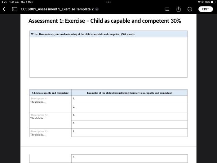 Assessment 1 - Child as Capable and Competent | Chegg.com