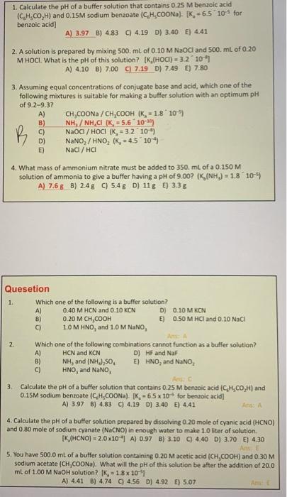 Solved 1. Calculate the pH of a buffer solution that | Chegg.com