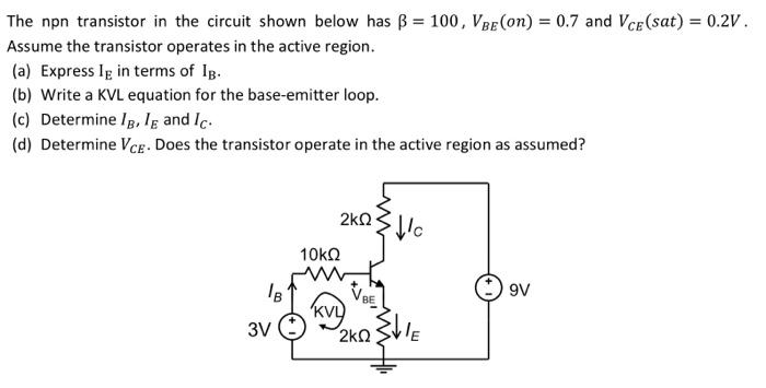Solved The npn transistor in the circuit shown below has | Chegg.com